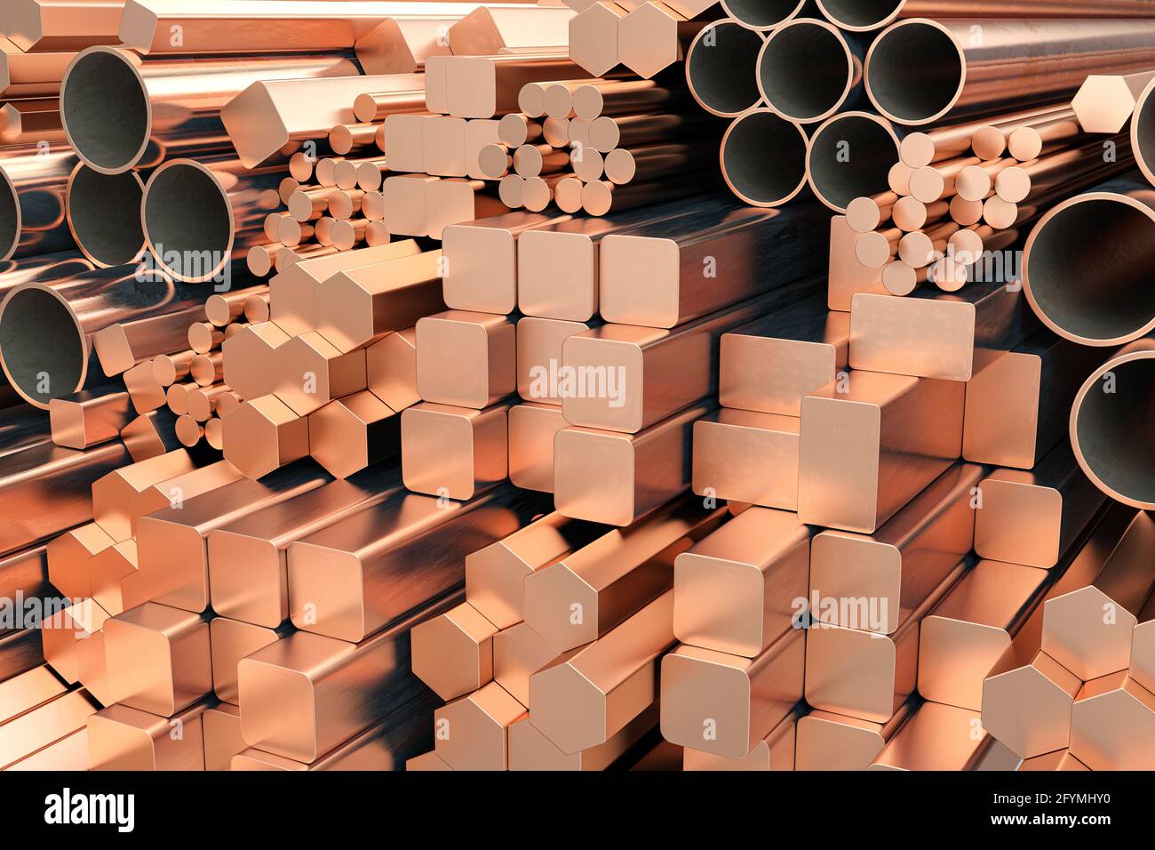Copper tubes and different profiles in warehouse background. Different ...
