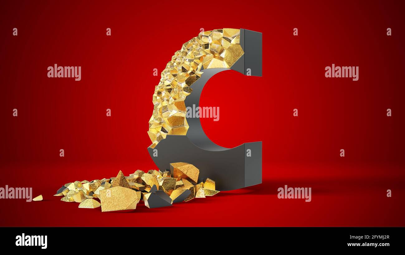 damaged black letter C reveals gold inside. 3d illustration, suitable ...