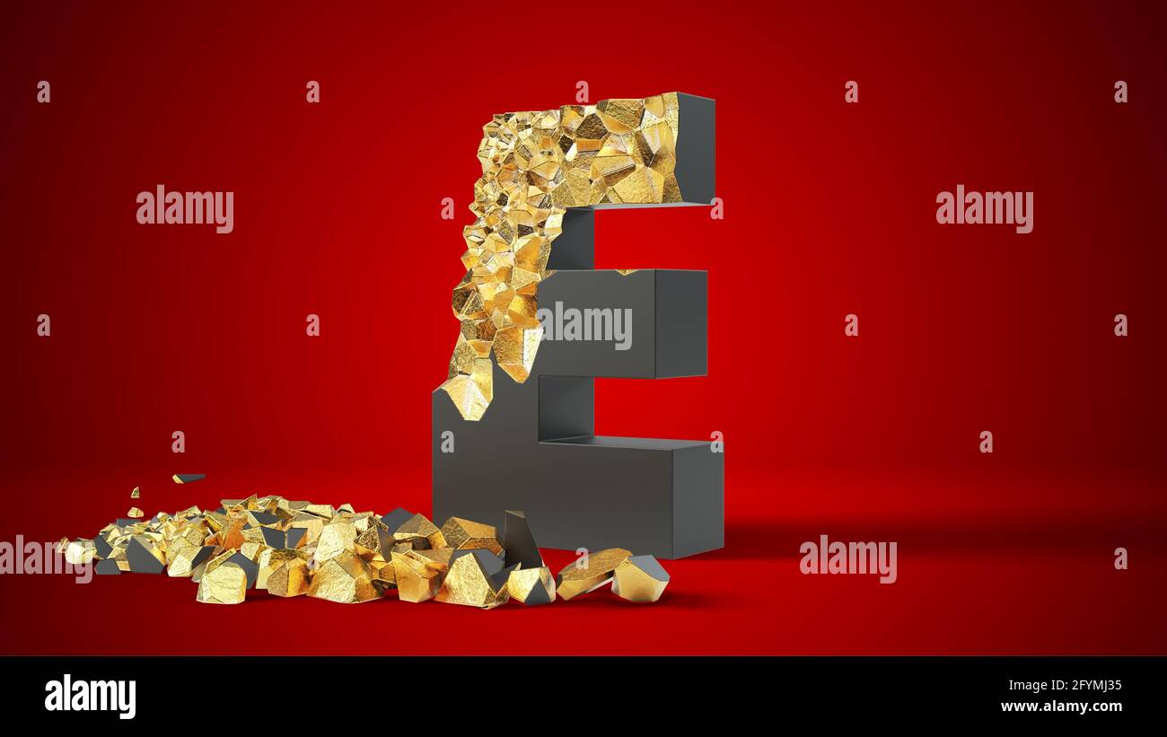 damaged black letter E reveals gold inside. 3d illustration, suitable ...