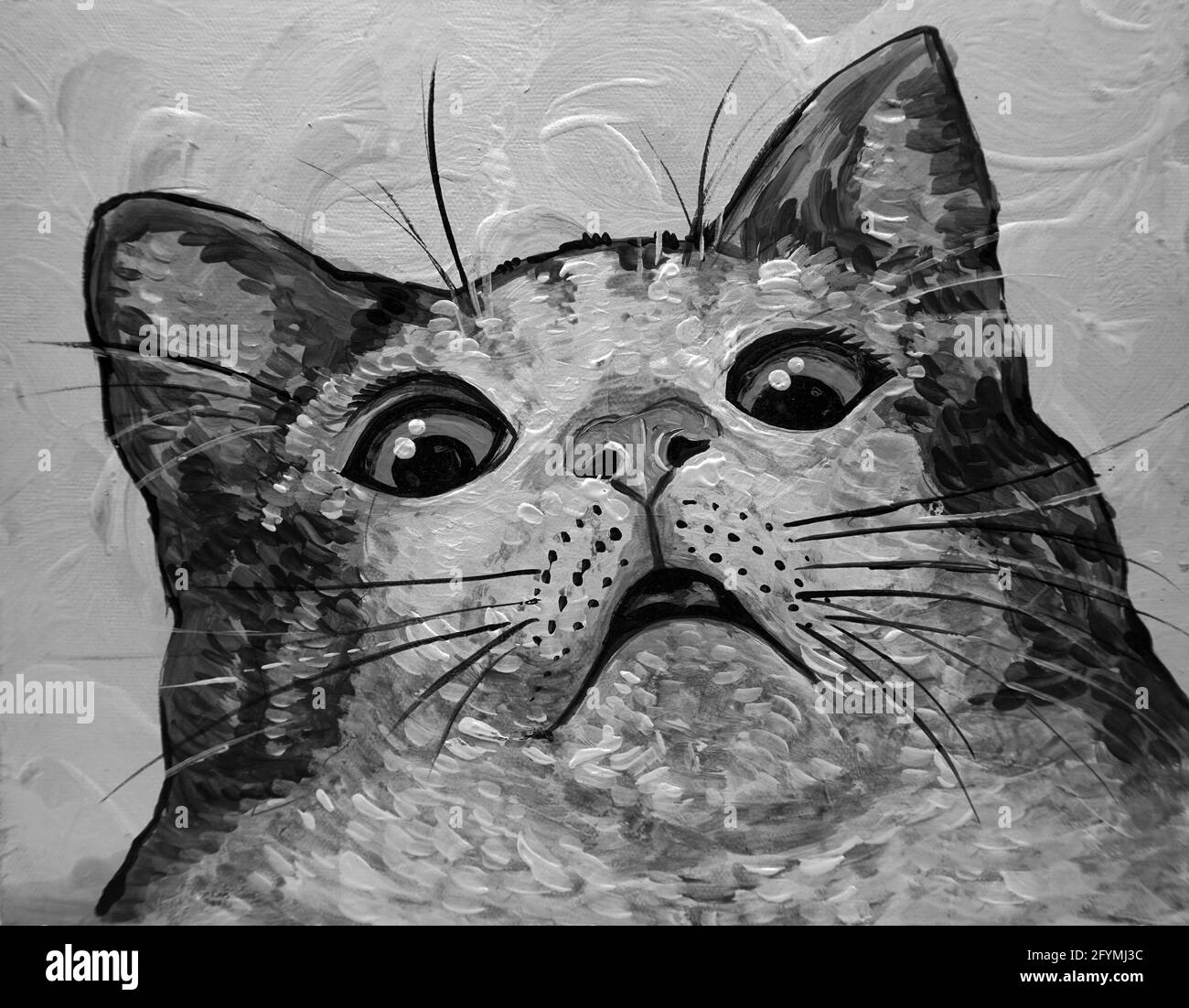 Hand drawn Modern , Art painting Oil color Cute Cat , black and white ...