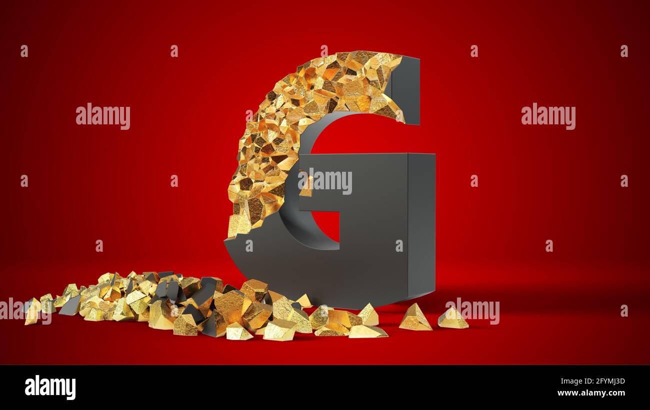 damaged black letter G reveals gold inside. 3d illustration, suitable ...