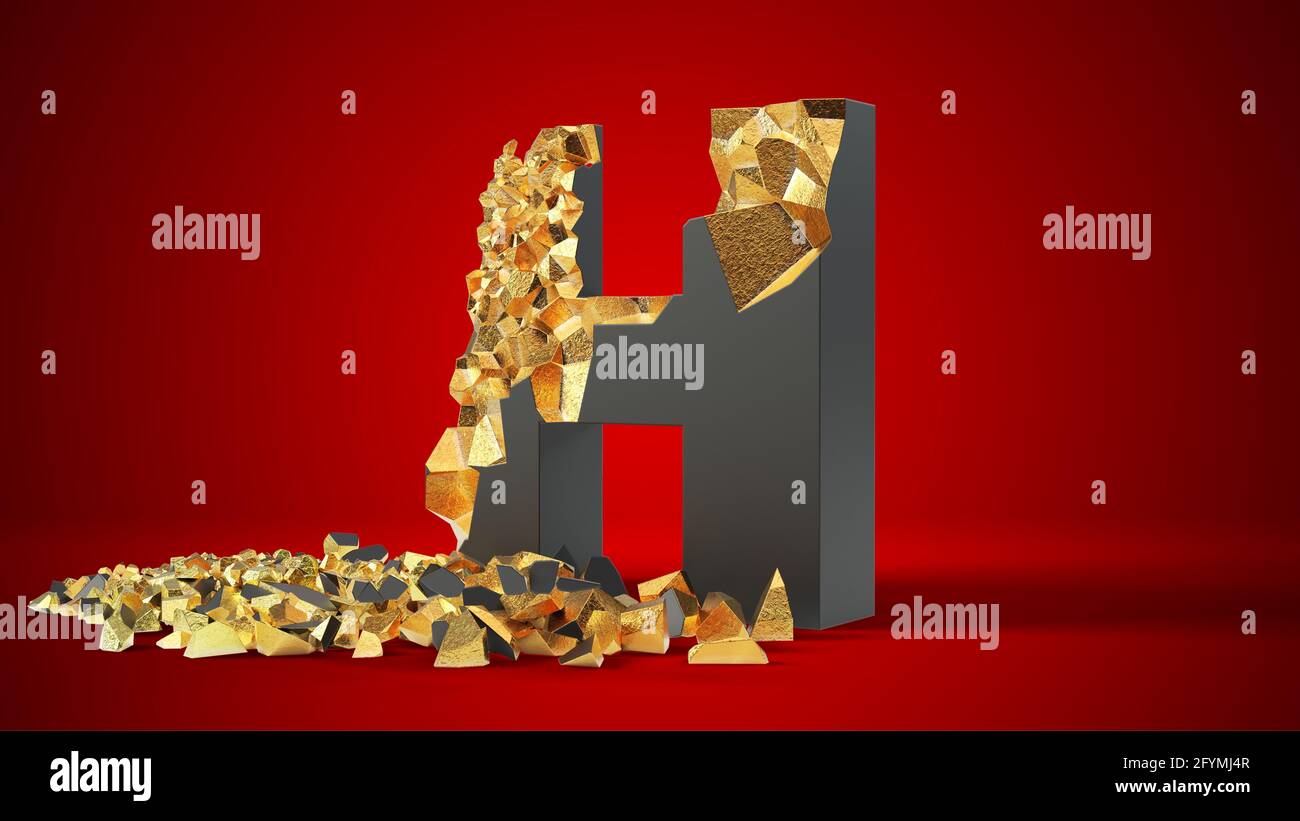 damaged black letter H reveals gold inside. 3d illustration, suitable ...