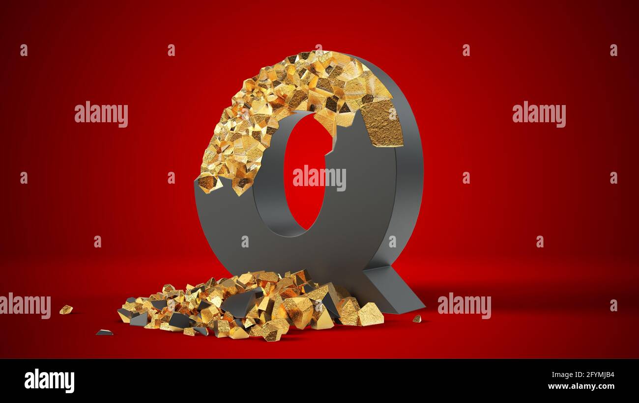 damaged black letter Q reveals gold inside. 3d illustration, suitable ...