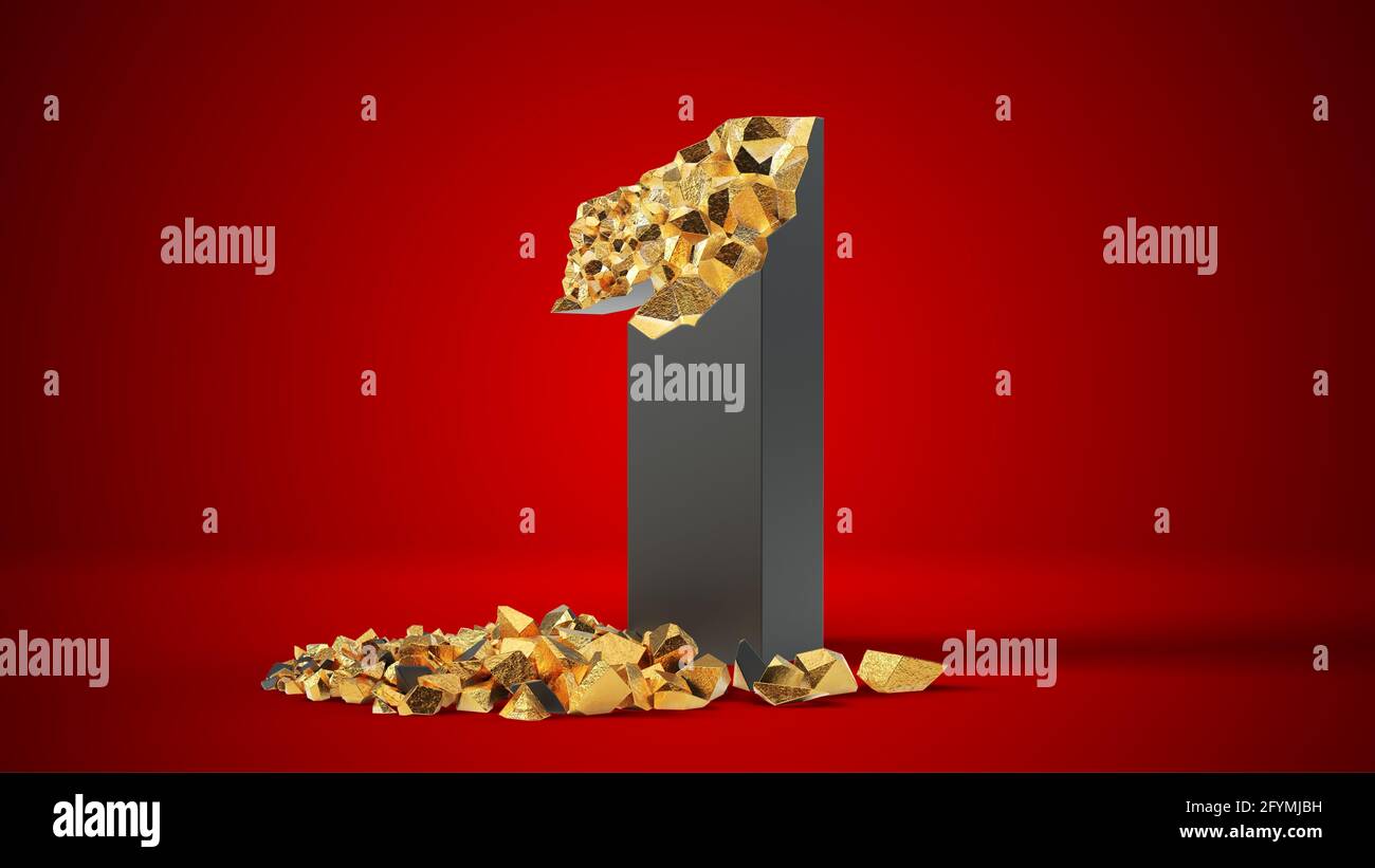 damaged black number 1 reveals gold inside. 3d illustration, suitable ...