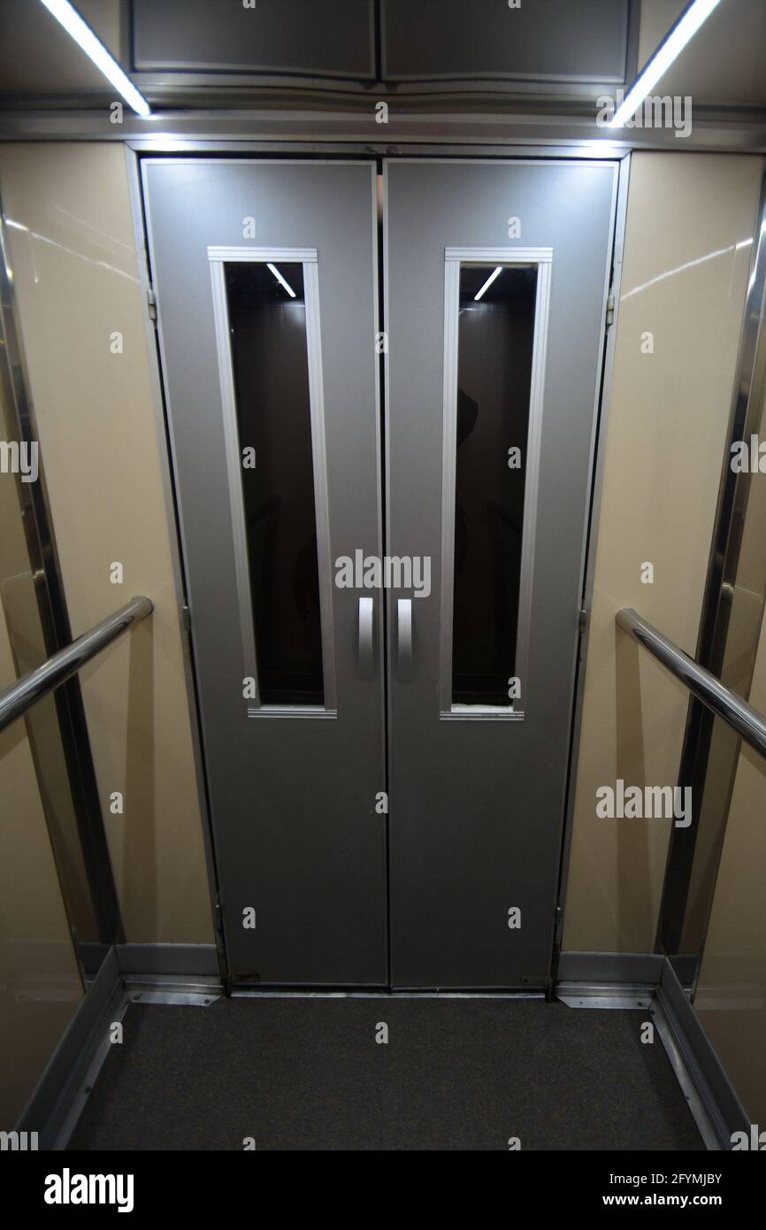 Vertical shot of elevator doors from the interior of the elevator Stock ...