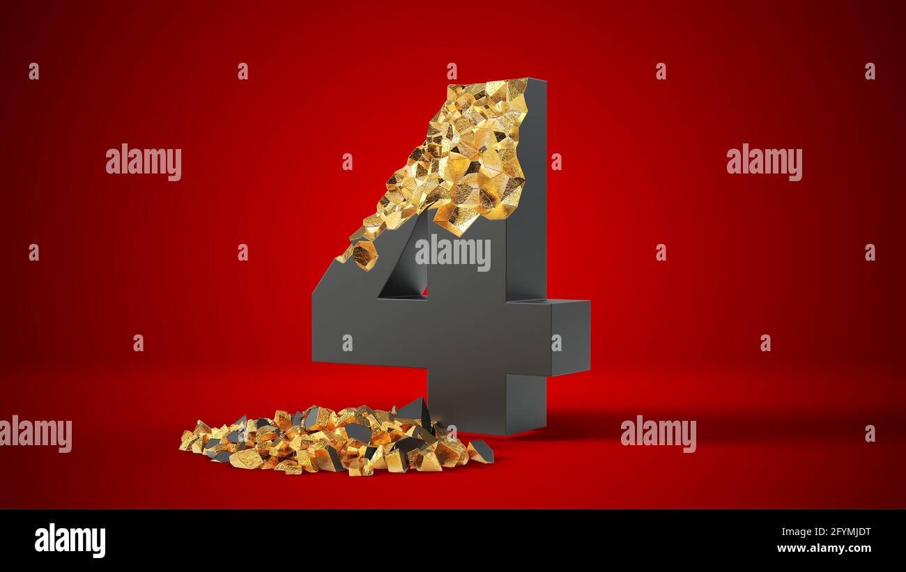 damaged black number 4 reveals gold inside. 3d illustration, suitable ...