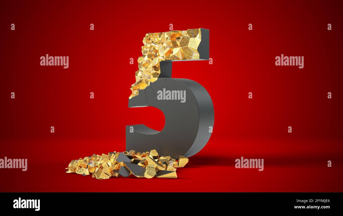 damaged black number 5 reveals gold inside. 3d illustration, suitable ...