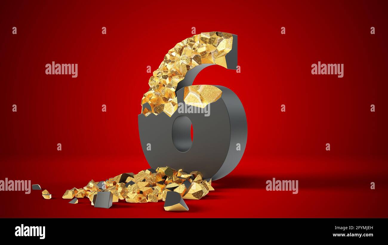 damaged black number 6 reveals gold inside. 3d illustration, suitable ...