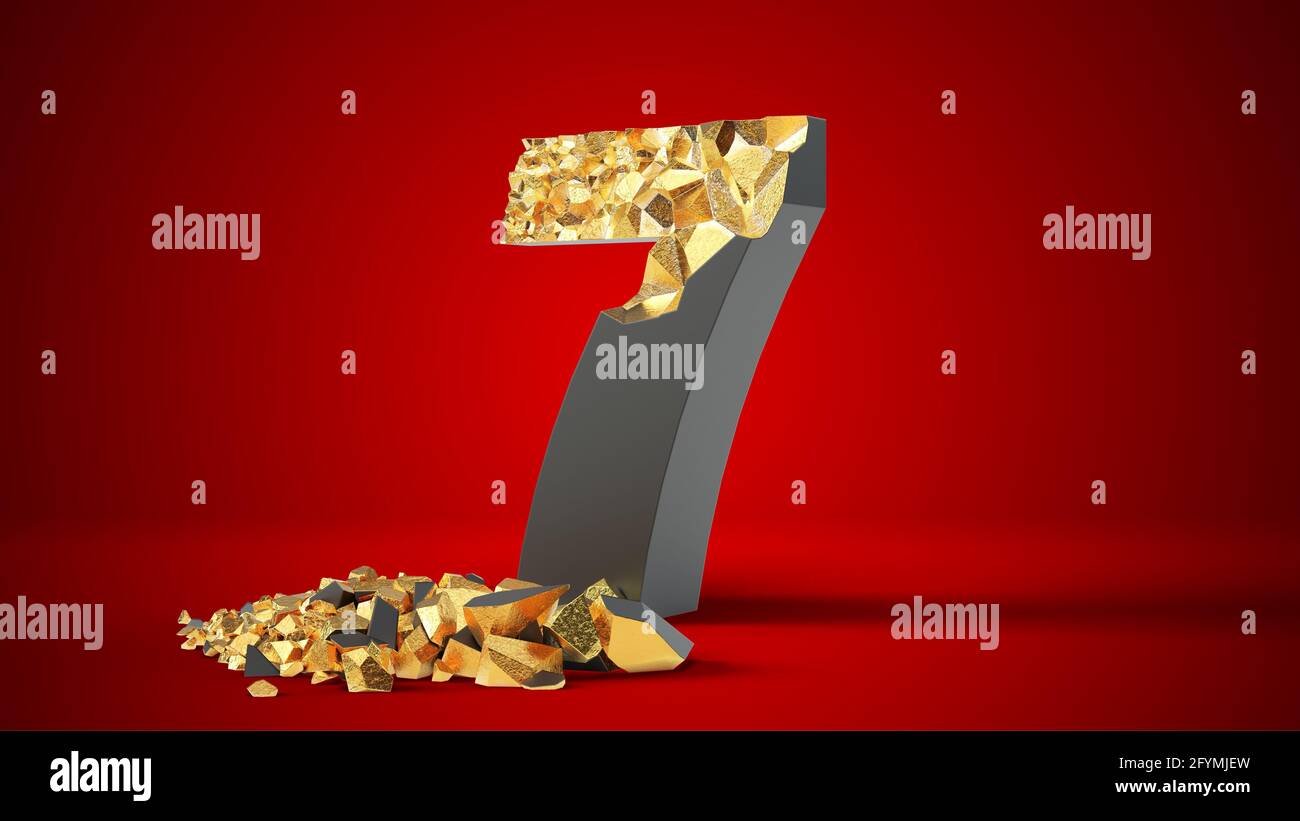 damaged black number 7 reveals gold inside. 3d illustration, suitable ...