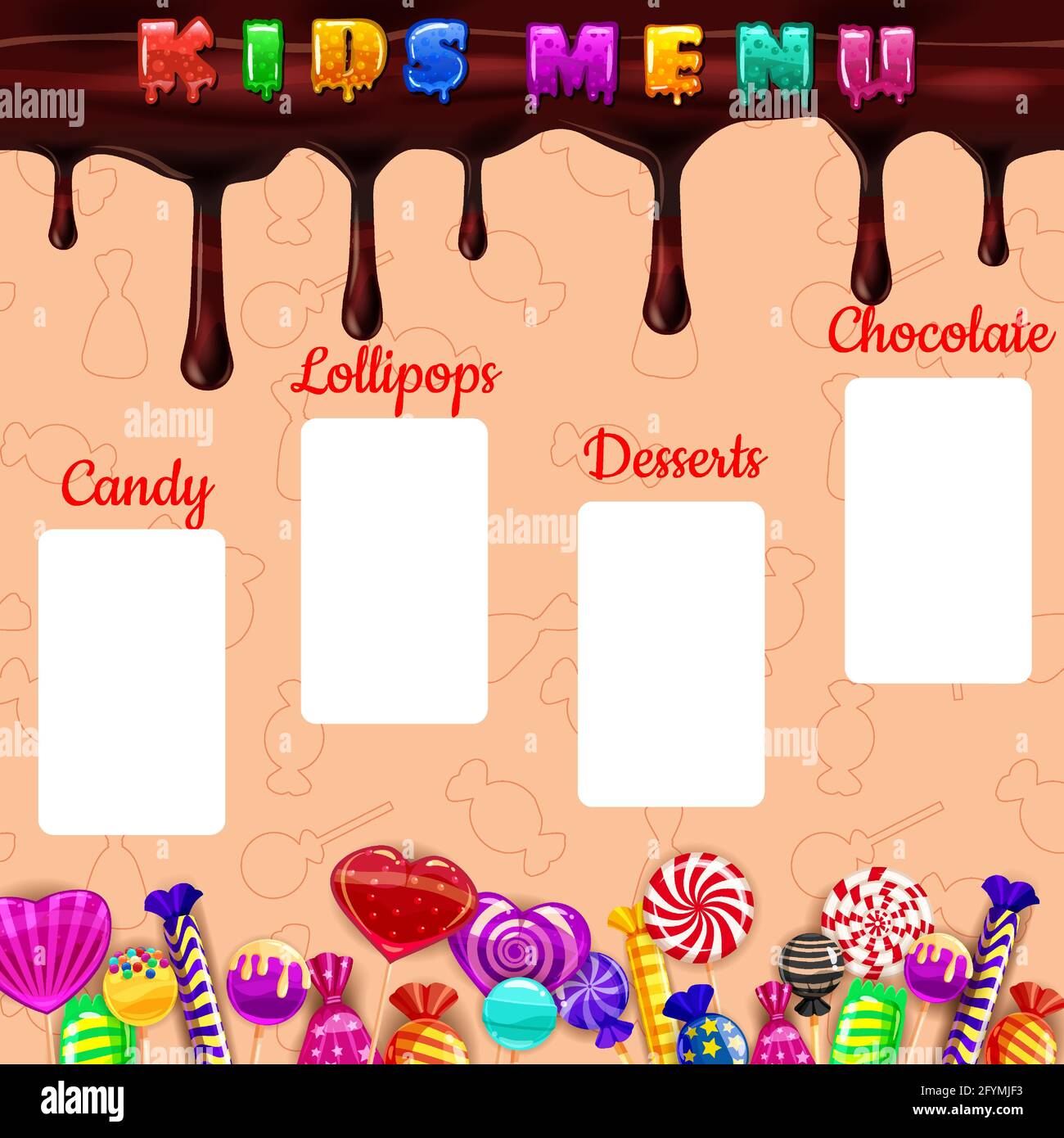 Kids Menu Candy, sweet different bonbon, lollipops,chocolate, jelly ...