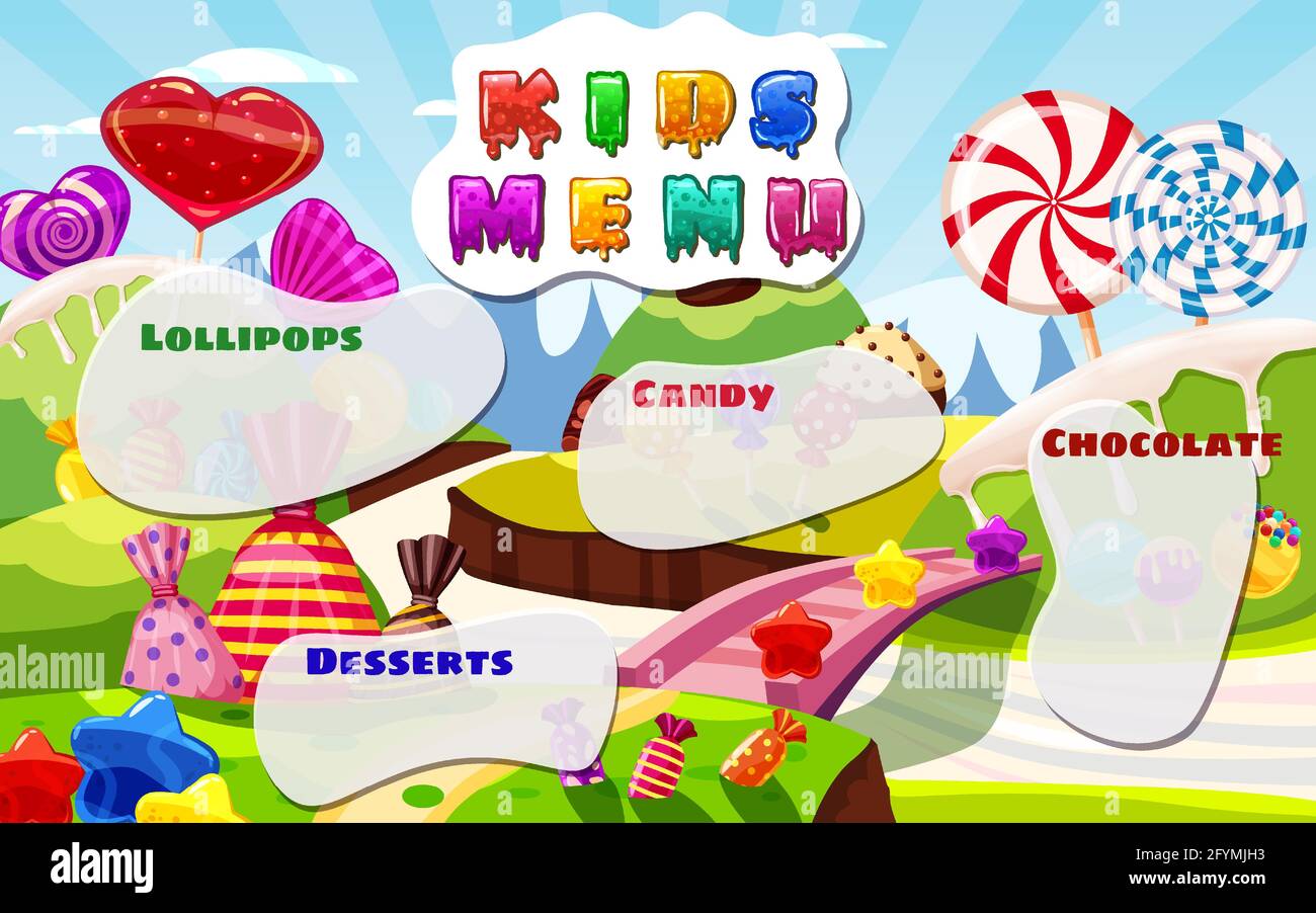 Kids Menu, Candy World, sweet different bonbon, lollipops,chocolate ...