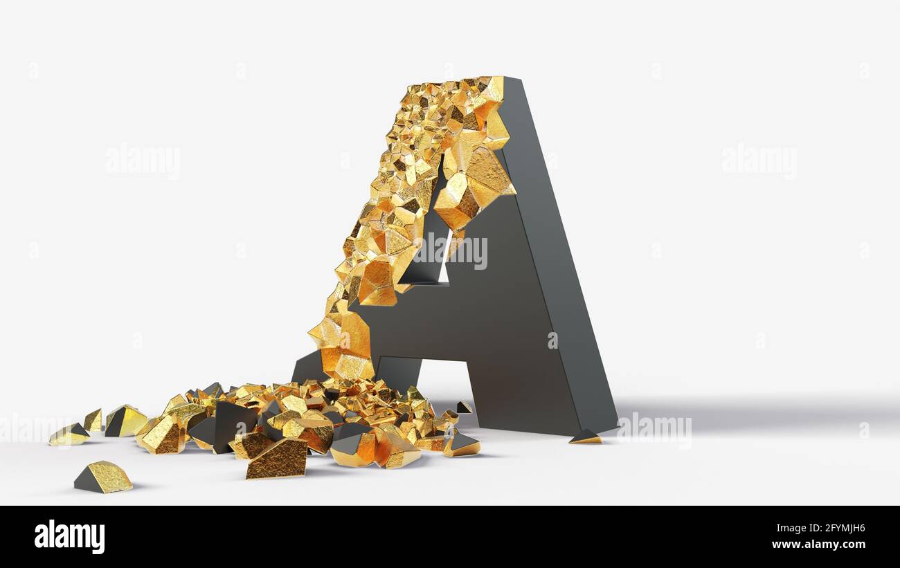 damaged black letter A reveals gold inside. 3d illustration, suitable ...