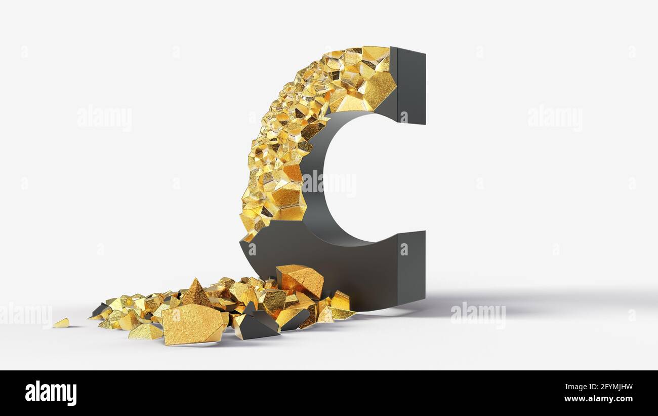 damaged black letter C reveals gold inside. 3d illustration, suitable ...