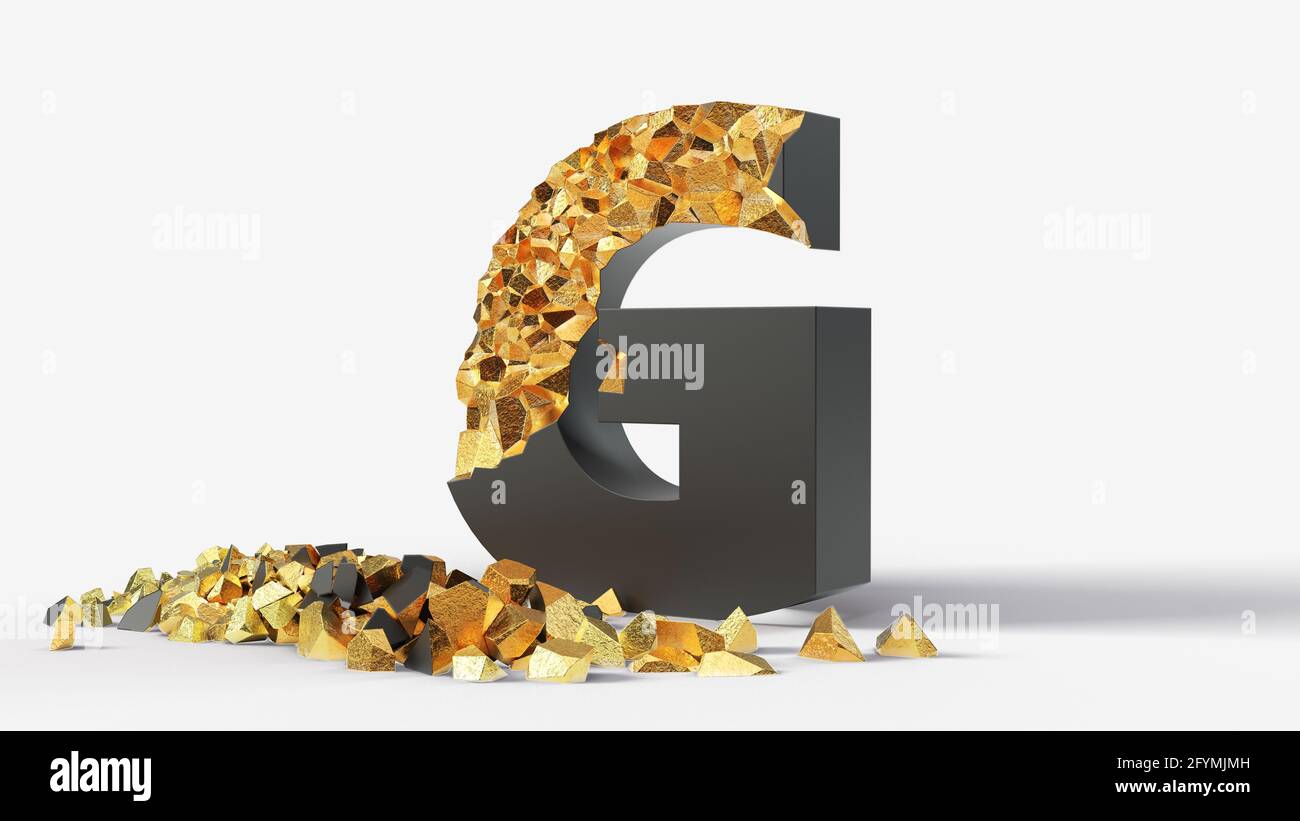 damaged black letter G reveals gold inside. 3d illustration, suitable ...