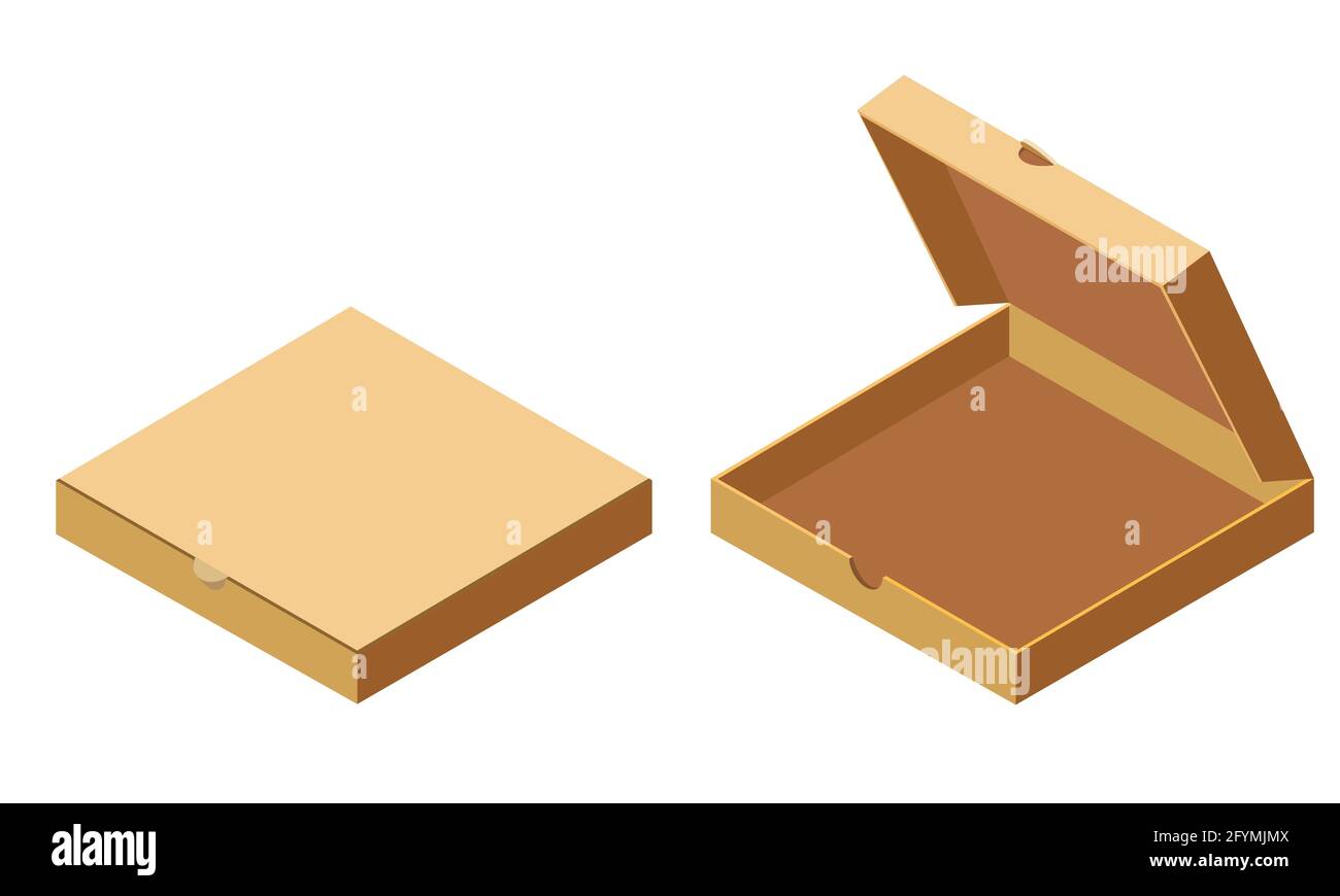 Pizza isometric open, closed cardboard boxes set, delivery. Package ...