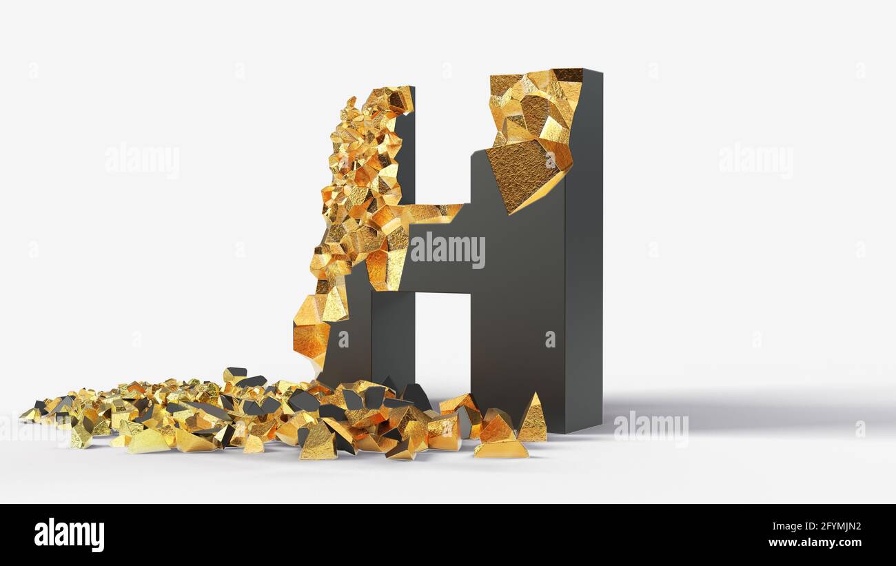 damaged black letter H reveals gold inside. 3d illustration, suitable ...