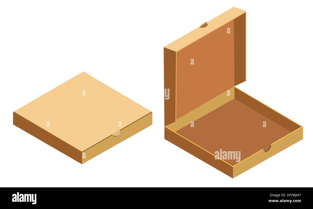 Pizza isometric open, closed cardboard boxes set, delivery. Package ...