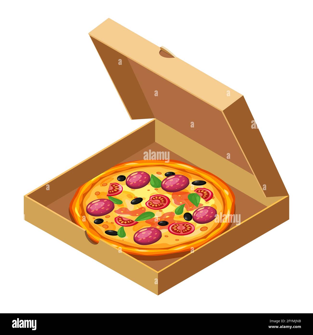 Pizza isometric in open cardboard box. Package template, delivery, flat ...