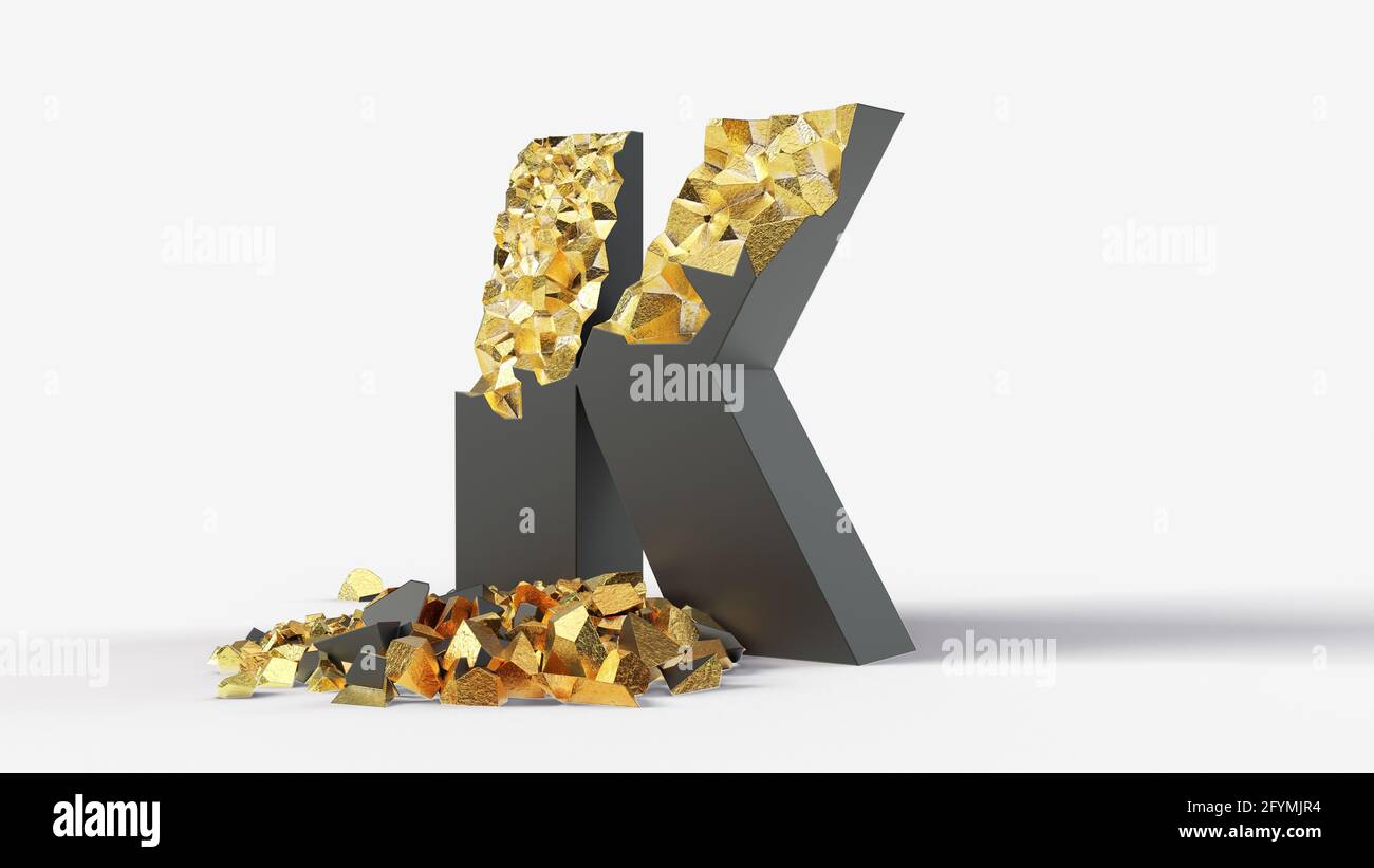 damaged black letter K reveals gold inside. 3d illustration, suitable ...