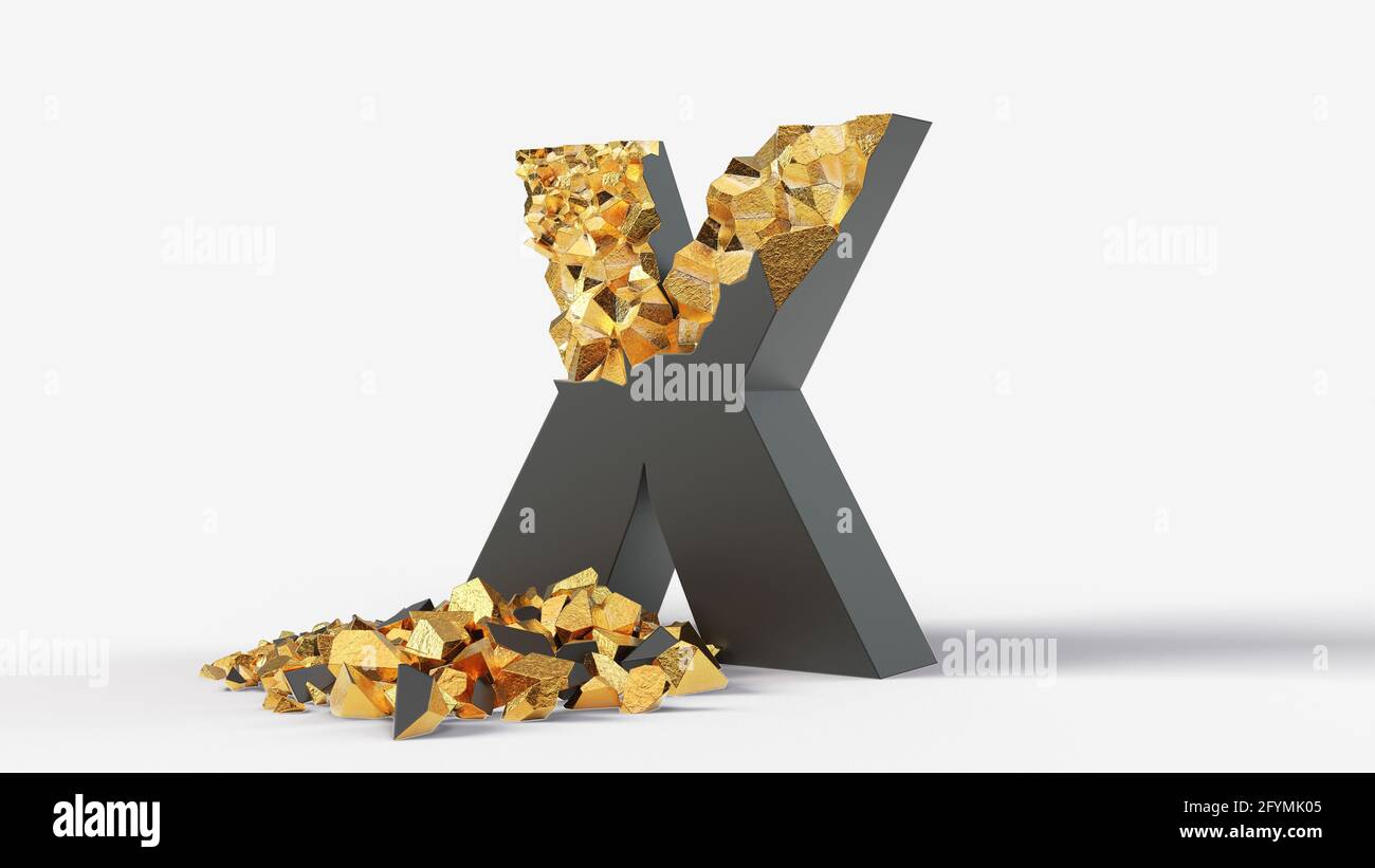 damaged black letter X reveals gold inside. 3d illustration, suitable ...