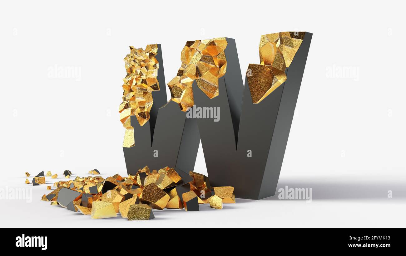 damaged black letter W reveals gold inside. 3d illustration, suitable ...
