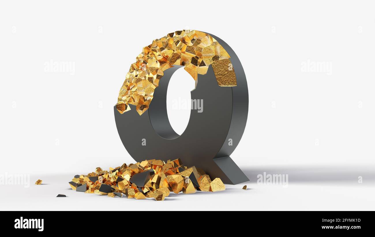 damaged black letter Q reveals gold inside. 3d illustration, suitable ...