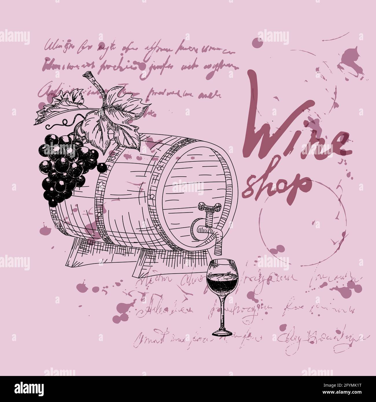 Wine shop products hand drawn scetch. Grapes, wooden barrel, glass ...
