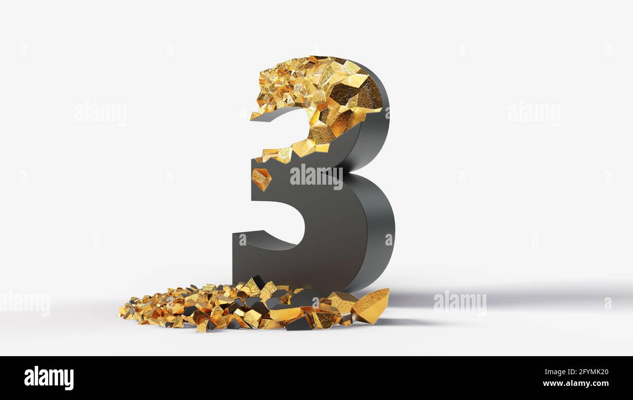 damaged black number 3 reveals gold inside. 3d illustration, suitable ...