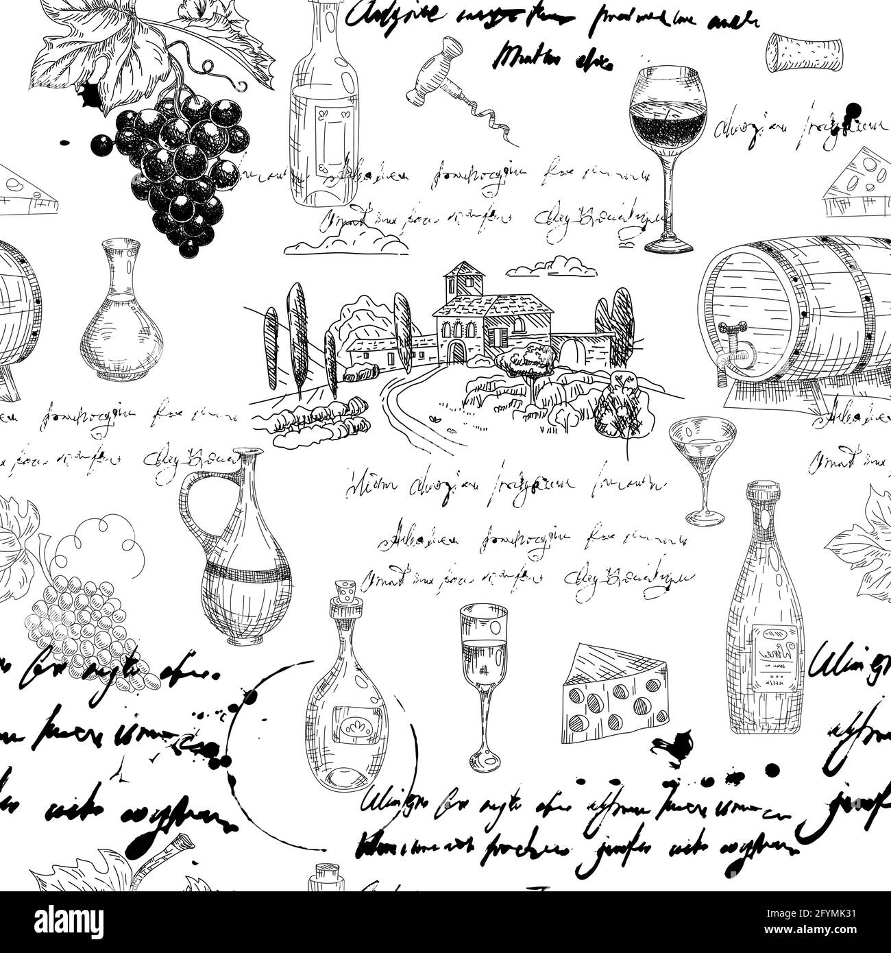 Seamless pattern Wine grape branche, bottles, glasses, vineyard ...