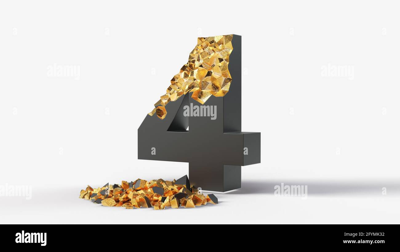 damaged black number 4 reveals gold inside. 3d illustration, suitable ...