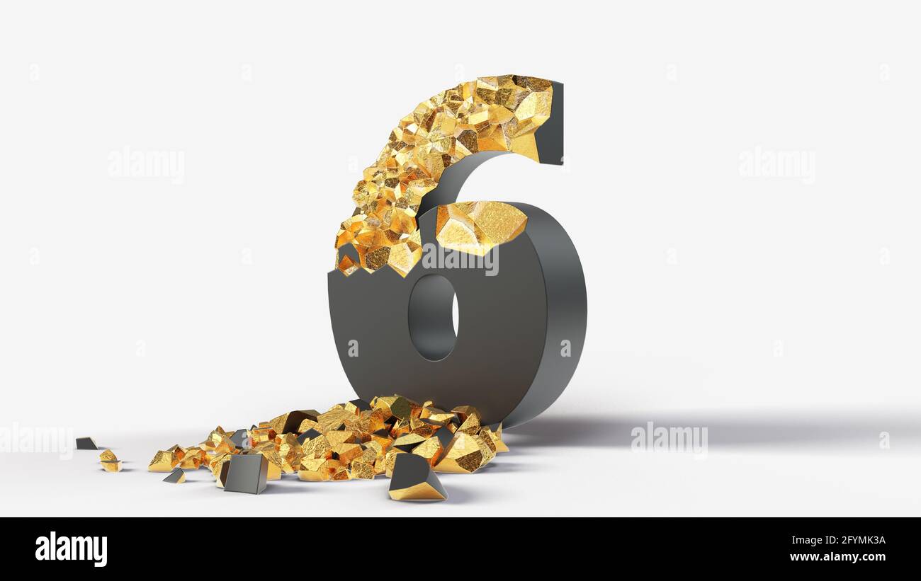 damaged black number 6 reveals gold inside. 3d illustration, suitable ...