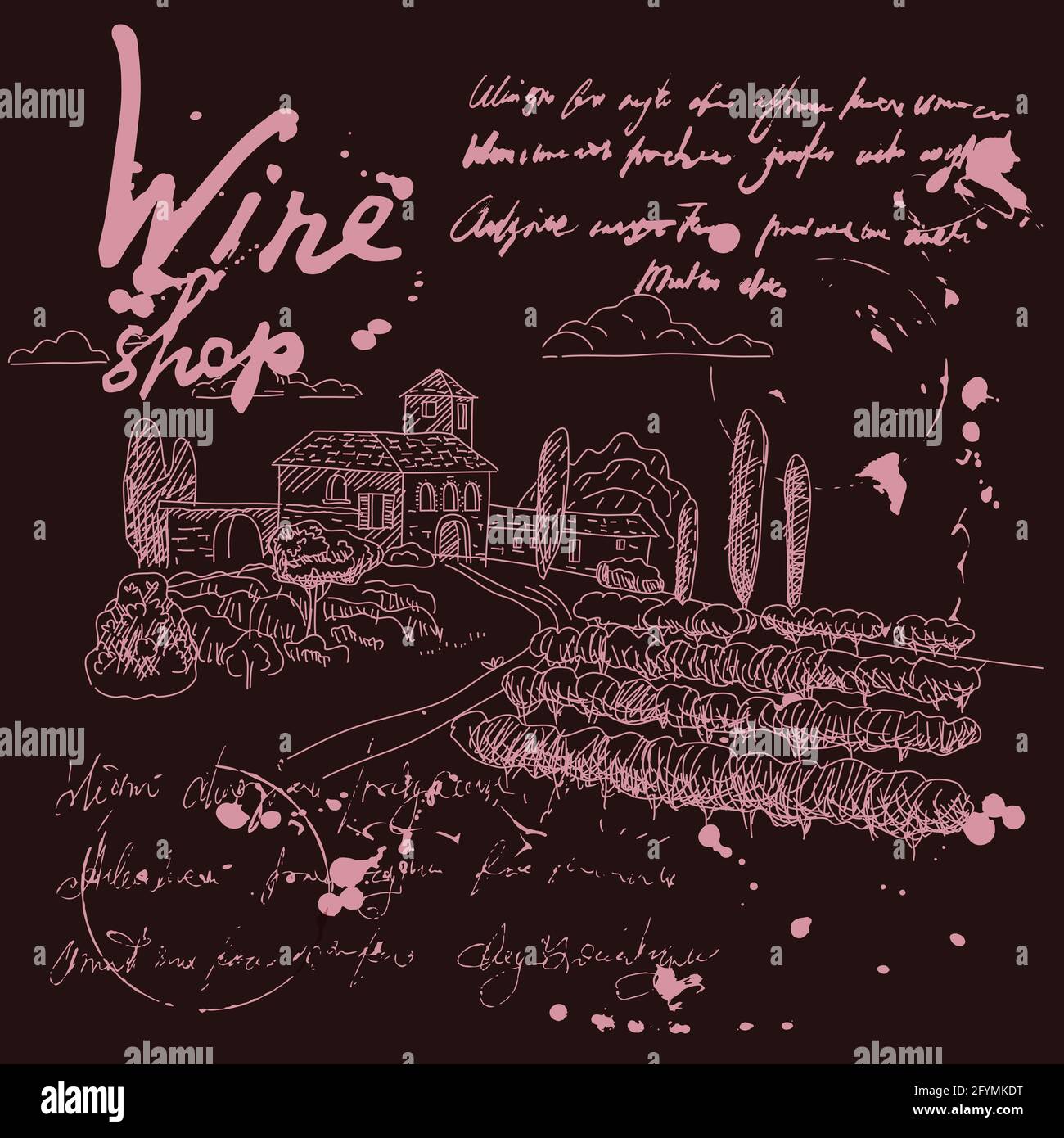 Collection Wine shop products and vineyard hand drawn scetch, grapes ...