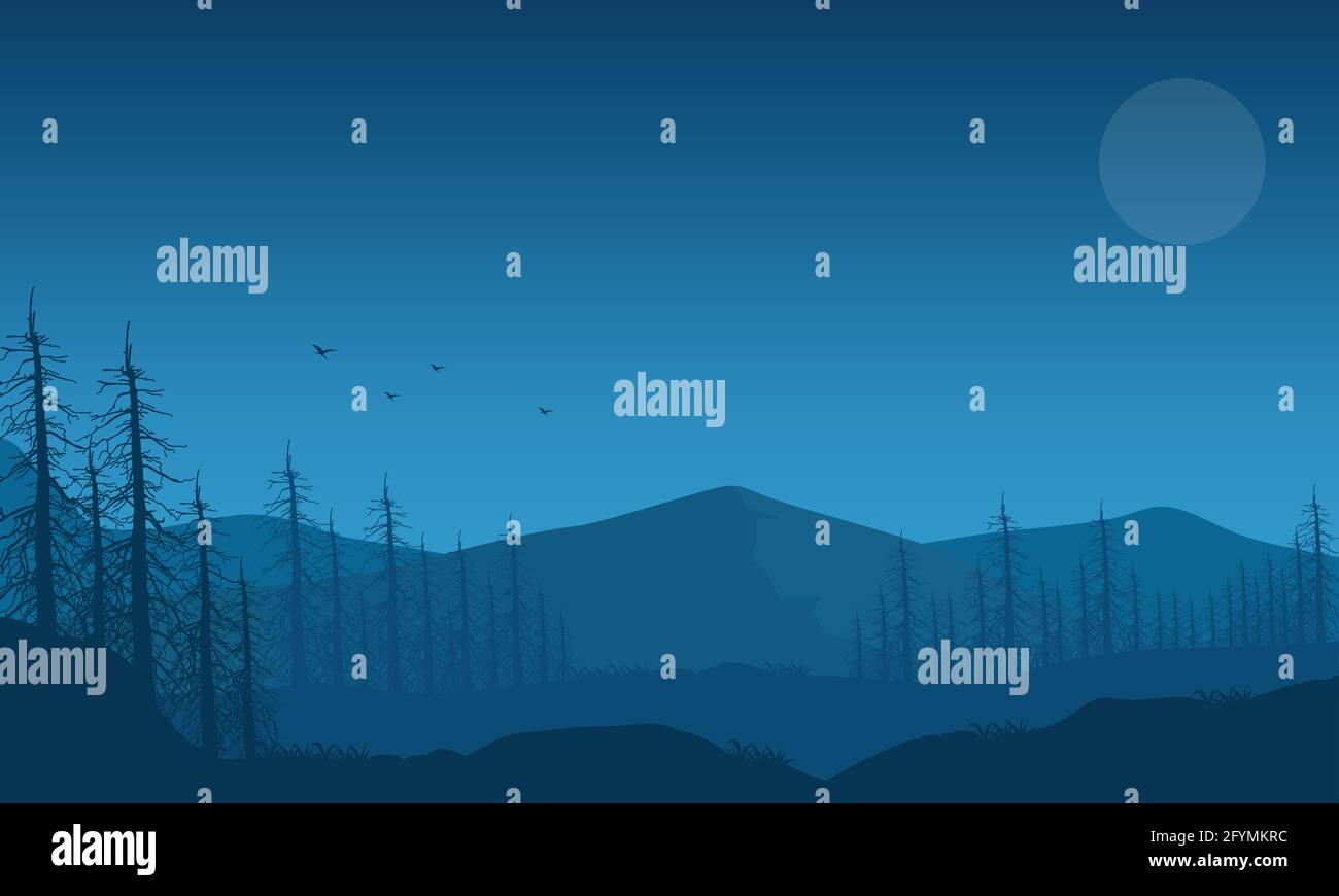 A quiet night with beautiful mountain views and a full moon. Vector ...