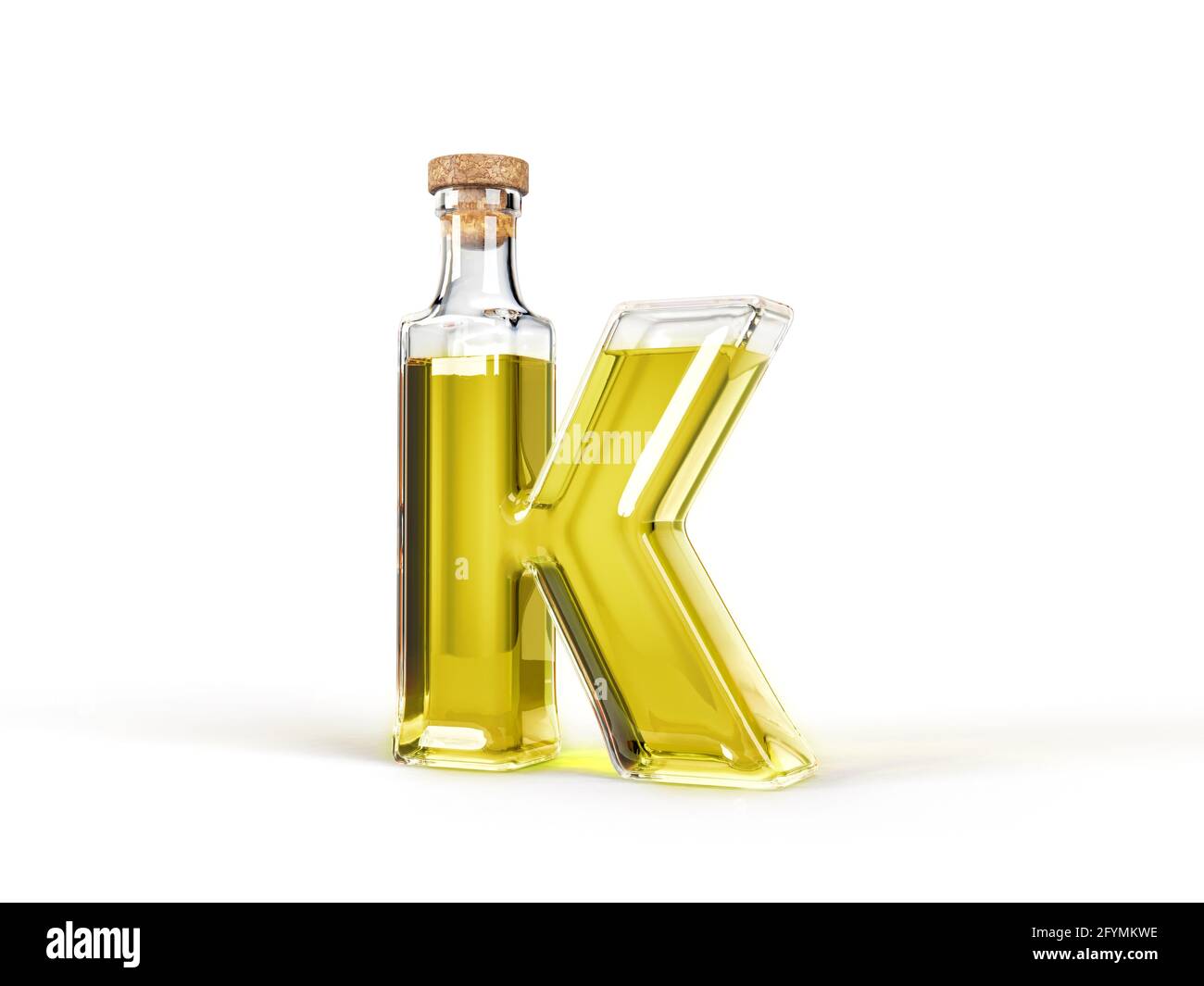 Letter K shaped bottle with olive oil inside. 3d illustration, suitable ...
