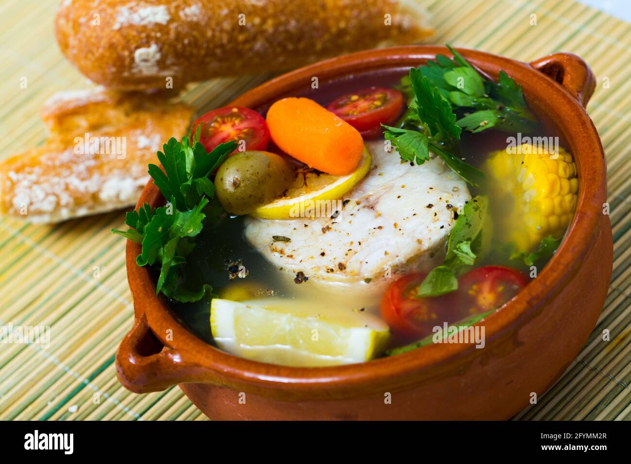 Recipe of pottage of fisherman: boil merluccius head for broth. Add ...