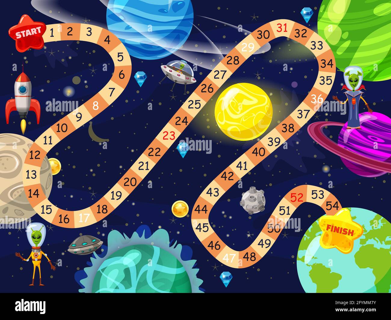 Space board game vector illustration. Rockets UFO and Aliens in space ...