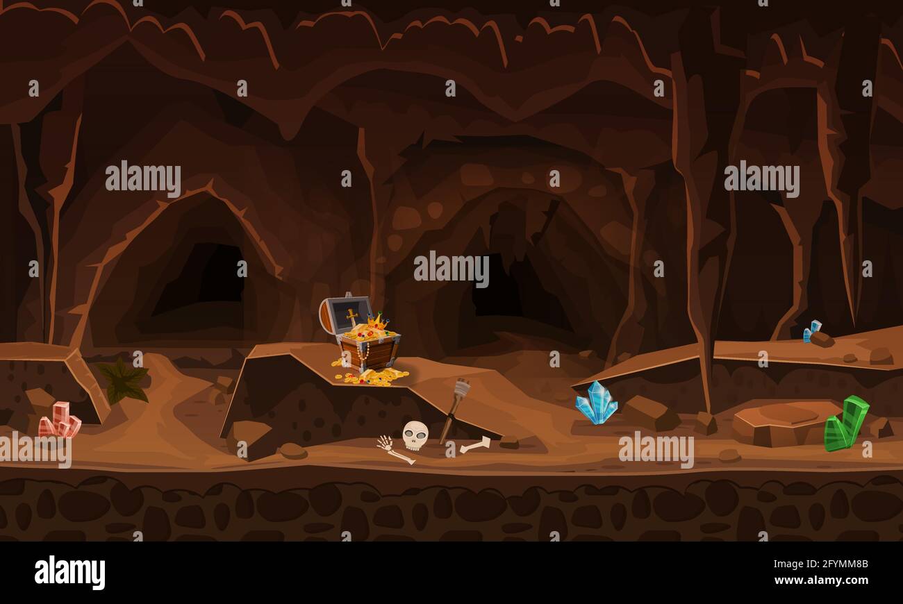 Treasure cave with chest gold coins, gems. Concept, art for computer ...