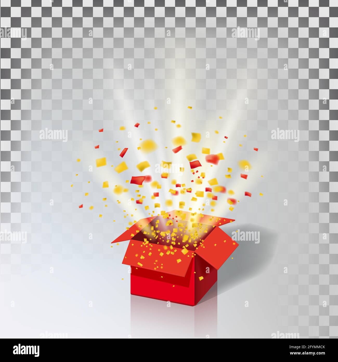 Open Red T Box And Colour Confetti Bright Rays Vector Illustration Isolated Template