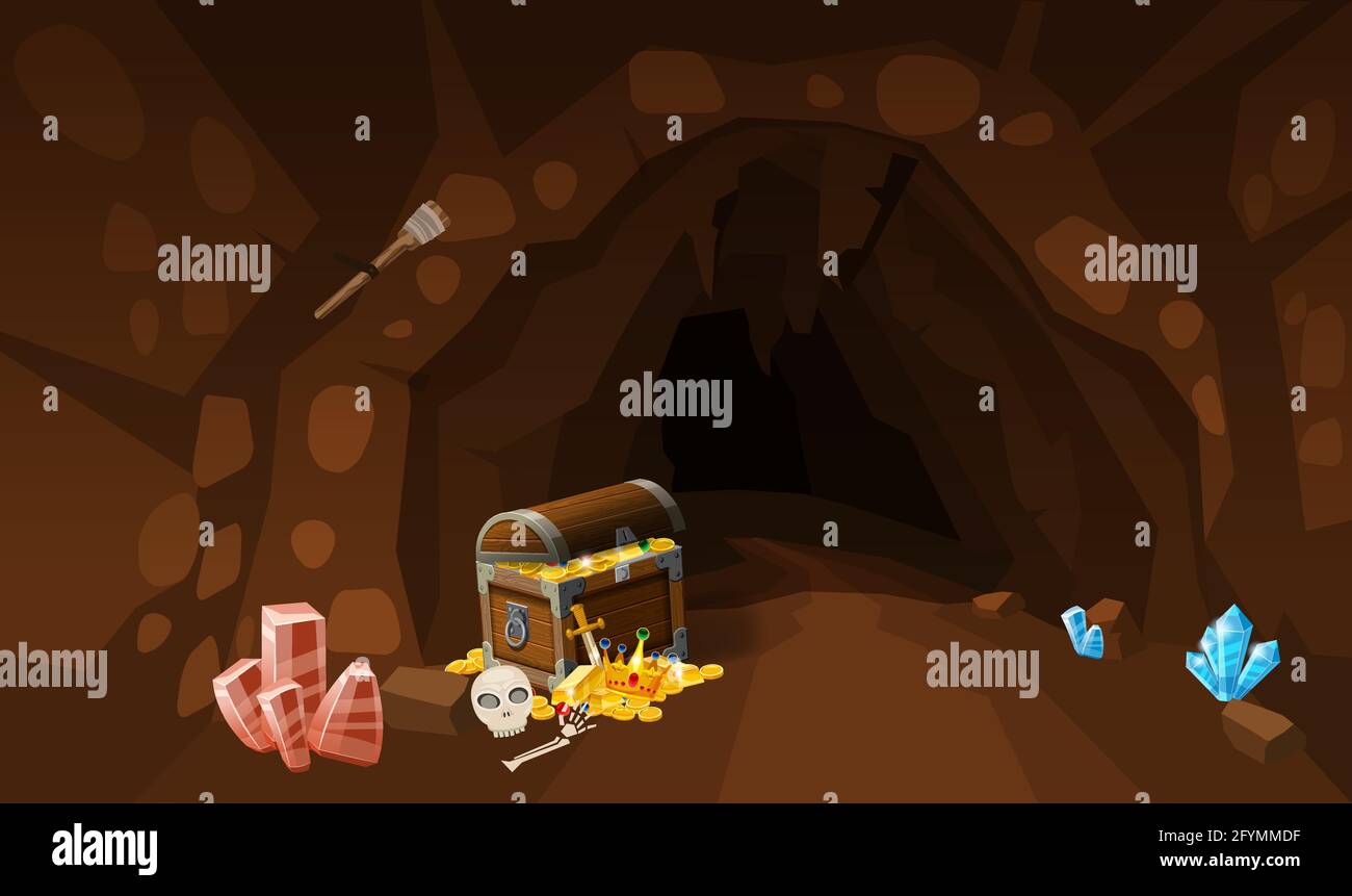 Treasure cave with chest gold coins, gems. Concept, art for computer ...