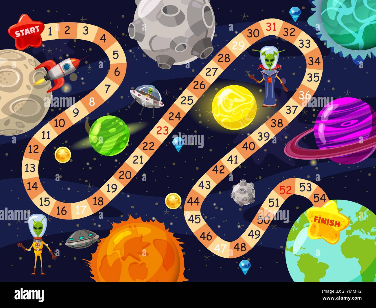 Space board game vector illustration. Rockets UFO and Aliens in space ...