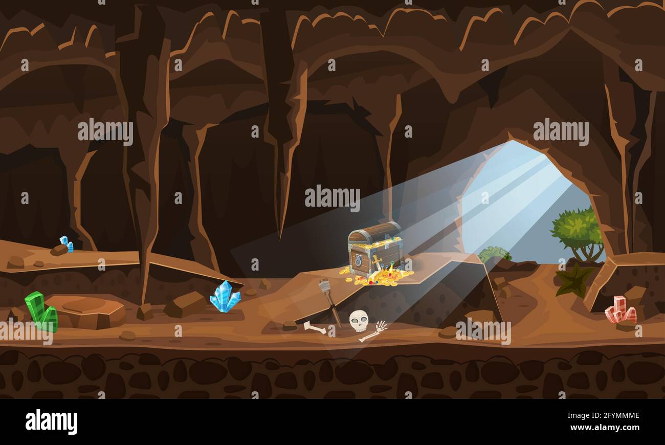 Treasure cave with chest gold coins, gems. Concept, art for computer ...