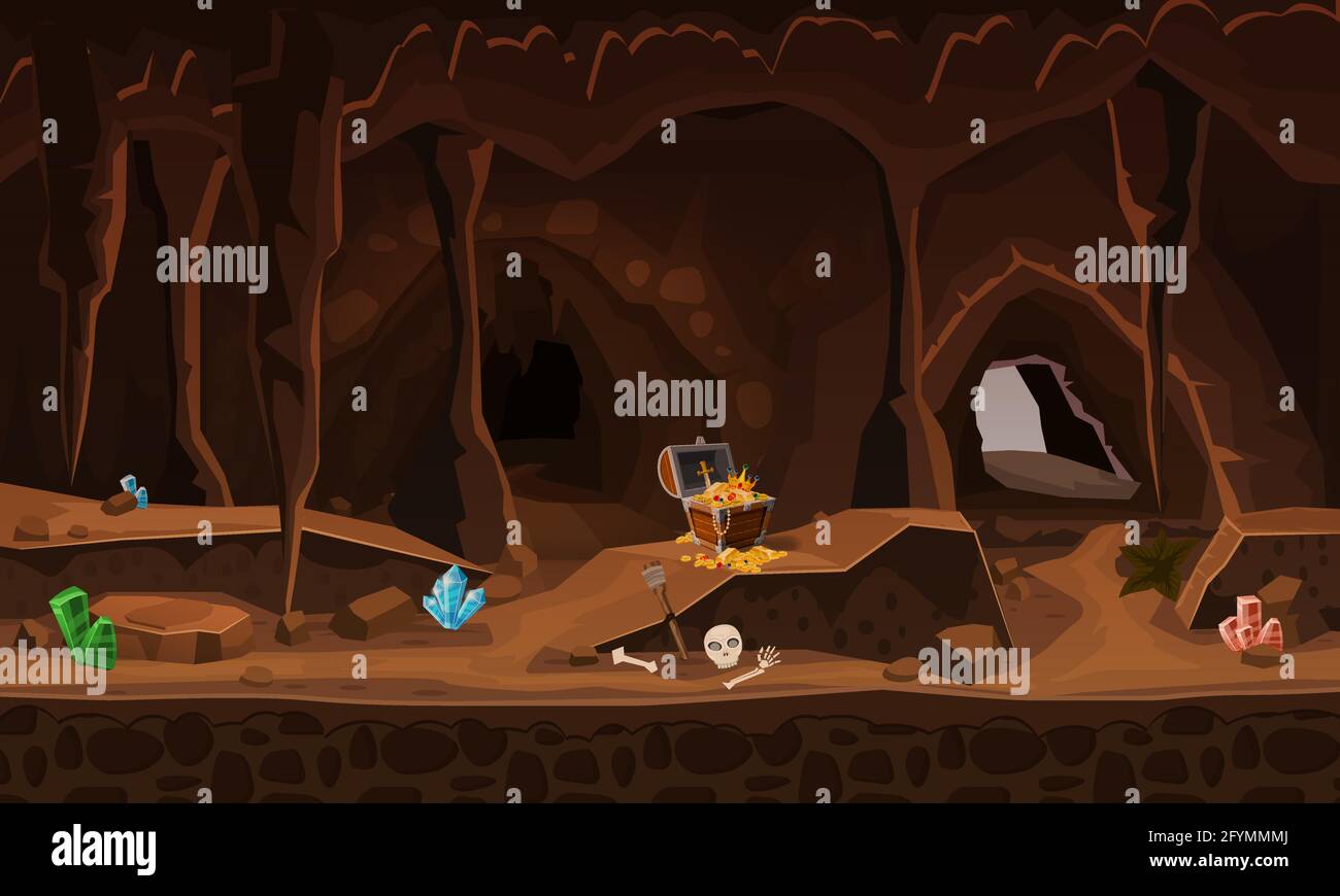 Treasure cave with chest gold coins, gems. Concept, art for computer ...