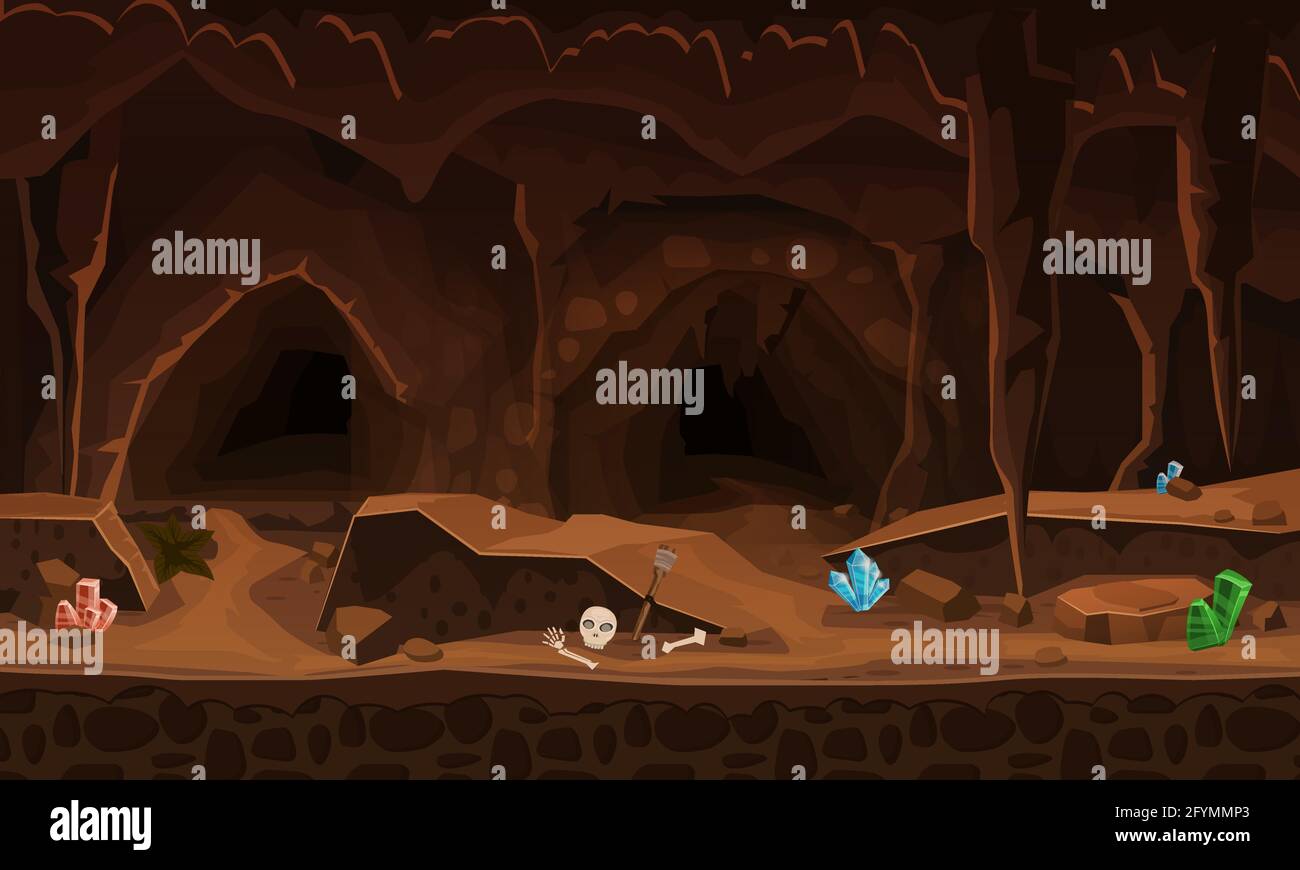 Treasure cave with crystals. Concept, art for computer game. Background ...