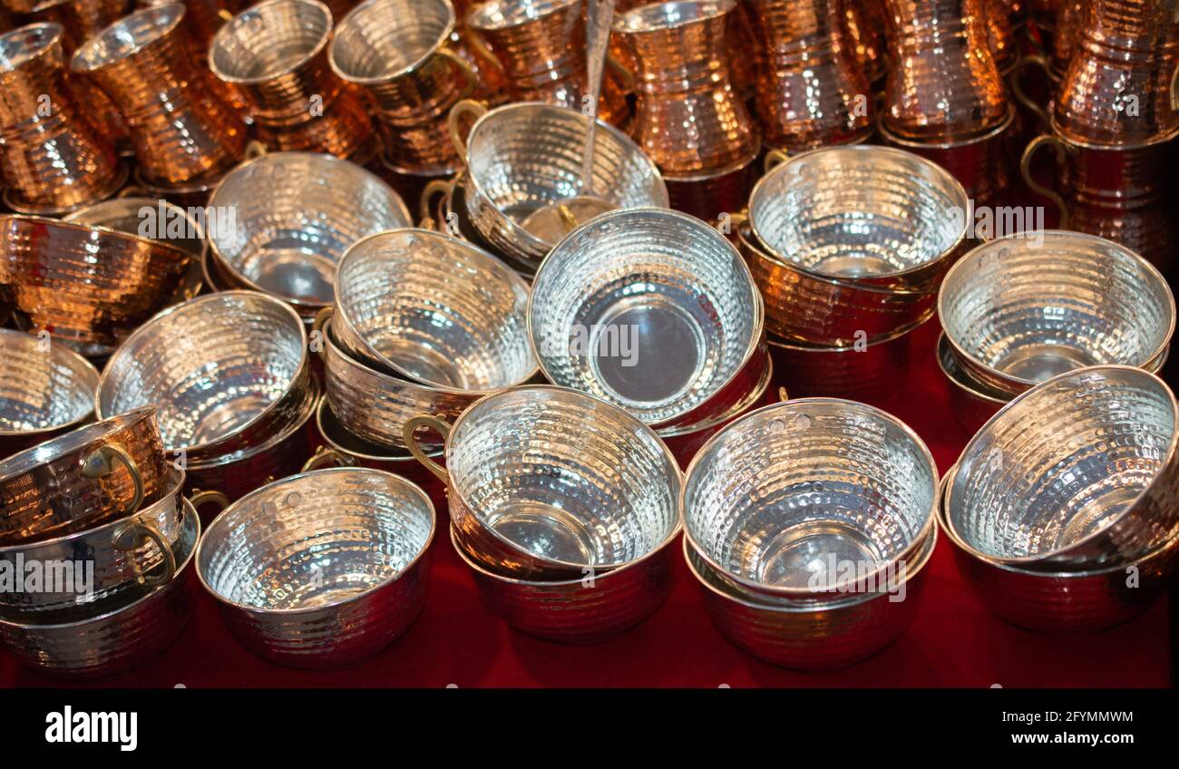 Closeup shot of a pile of plastic shiny bowls Stock Photo - Alamy