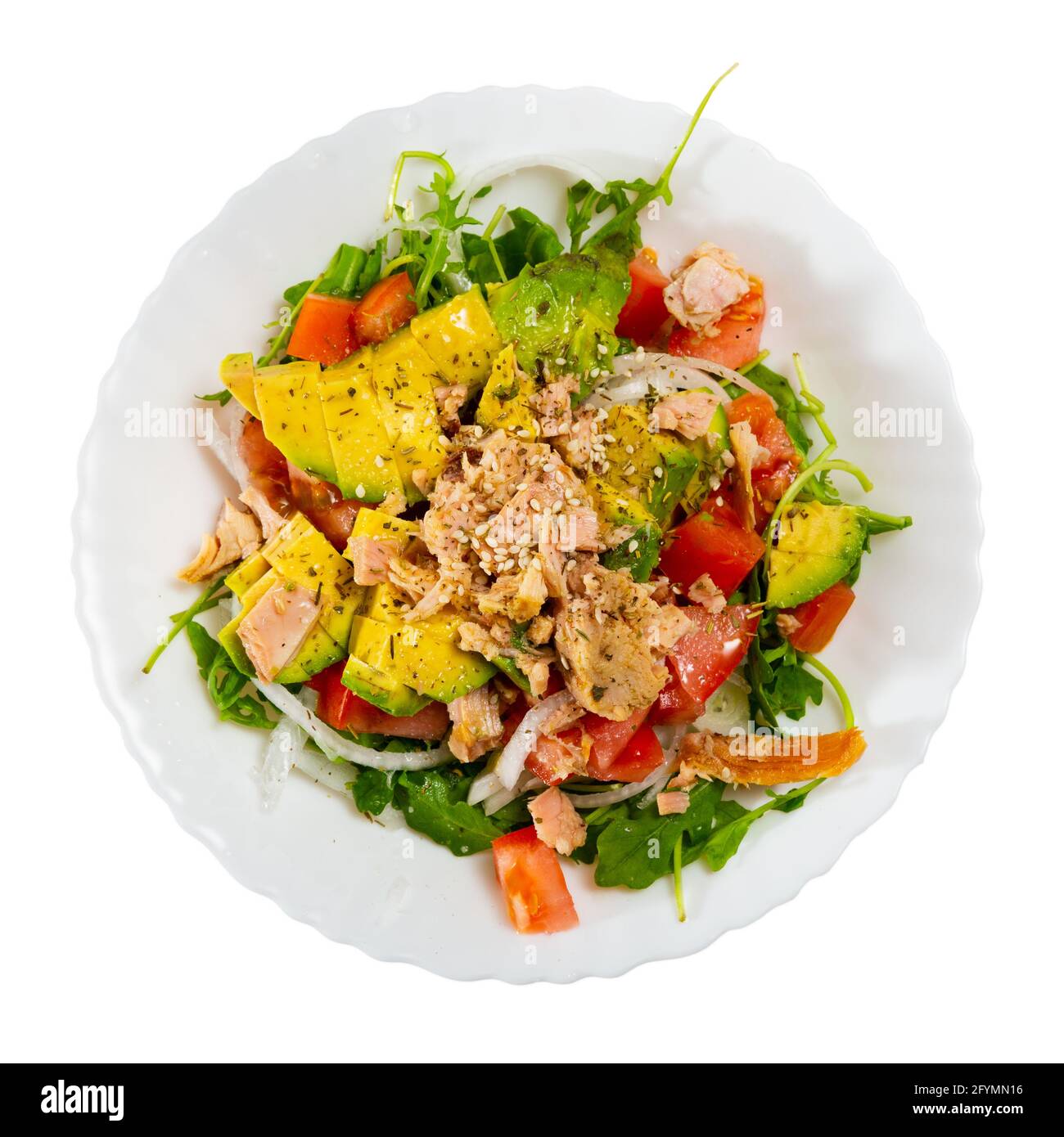 Appetizing fish salad with canned tuna. Isolated over white background ...