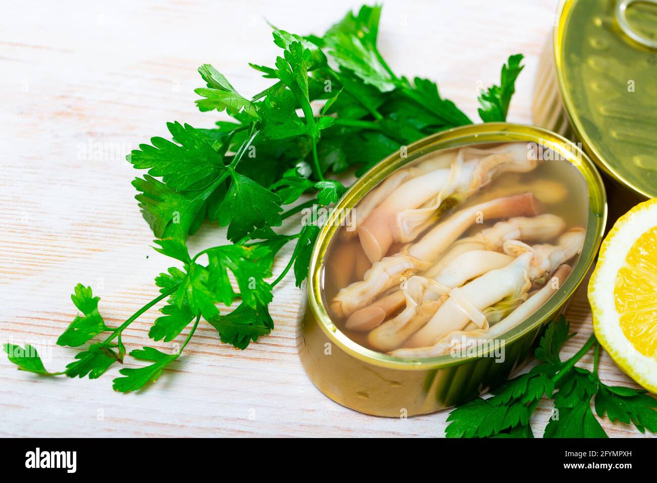 Seafood appetizer. Open can of preserved natural molluscs razorshell ...