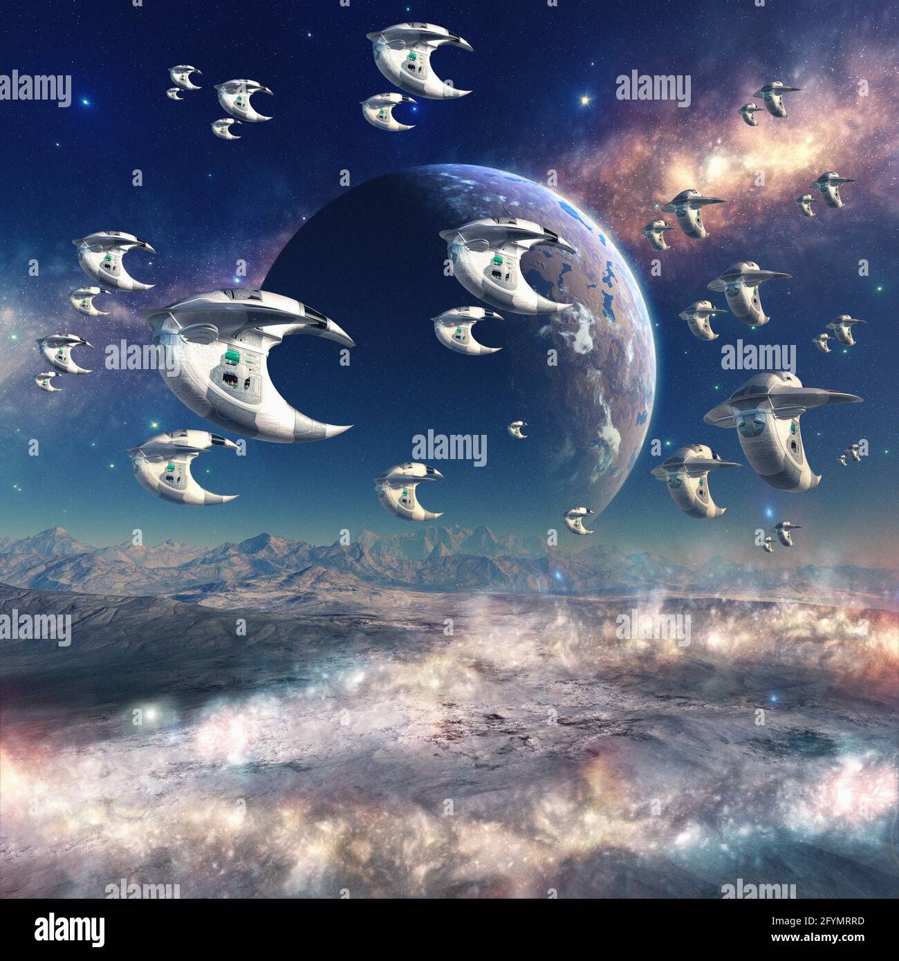 Spaceships over an alien planet, illustration Stock Photo - Alamy