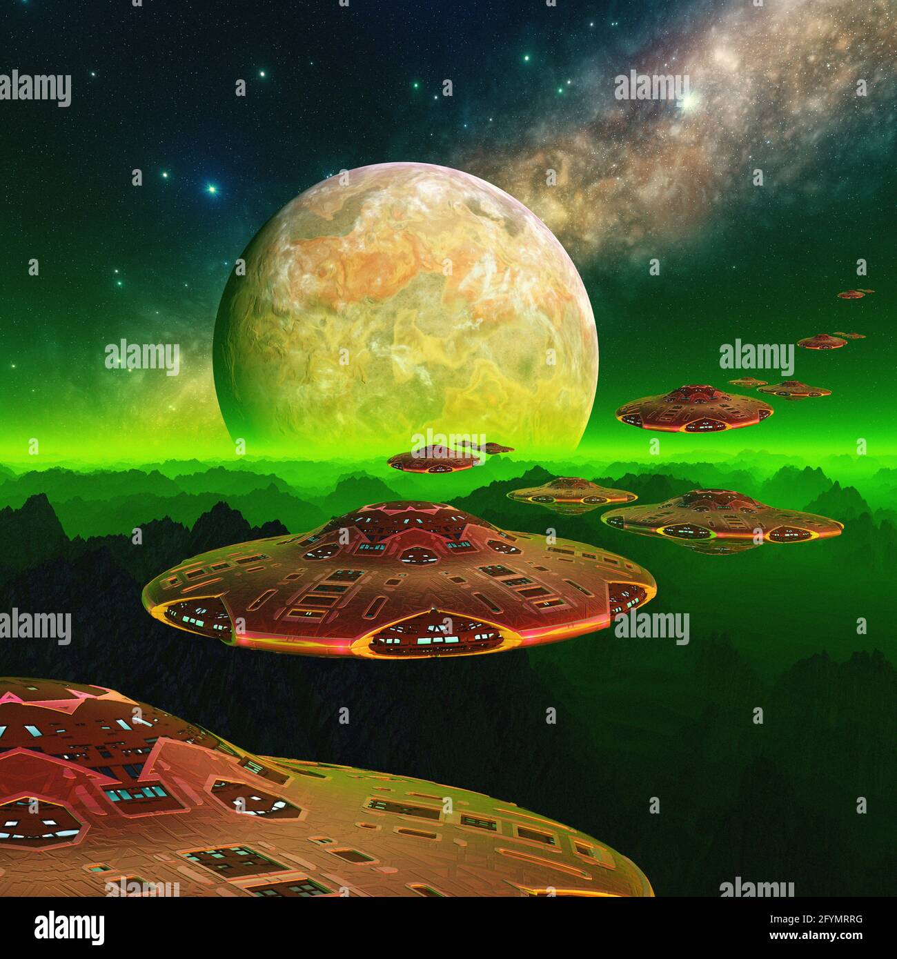 Spaceships over an alien planet, illustration Stock Photo - Alamy