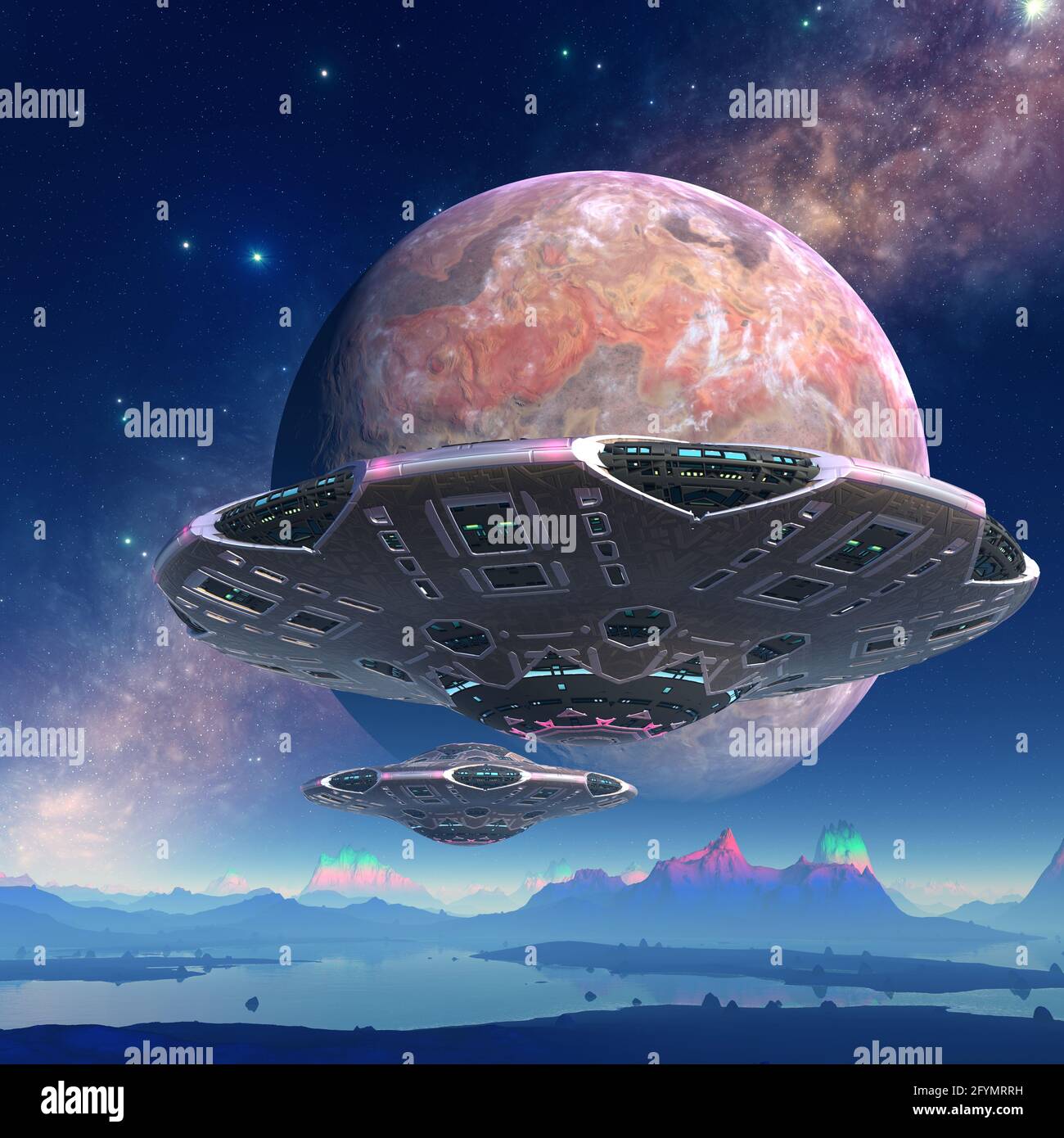 Spaceships over an alien planet, illustration Stock Photo - Alamy