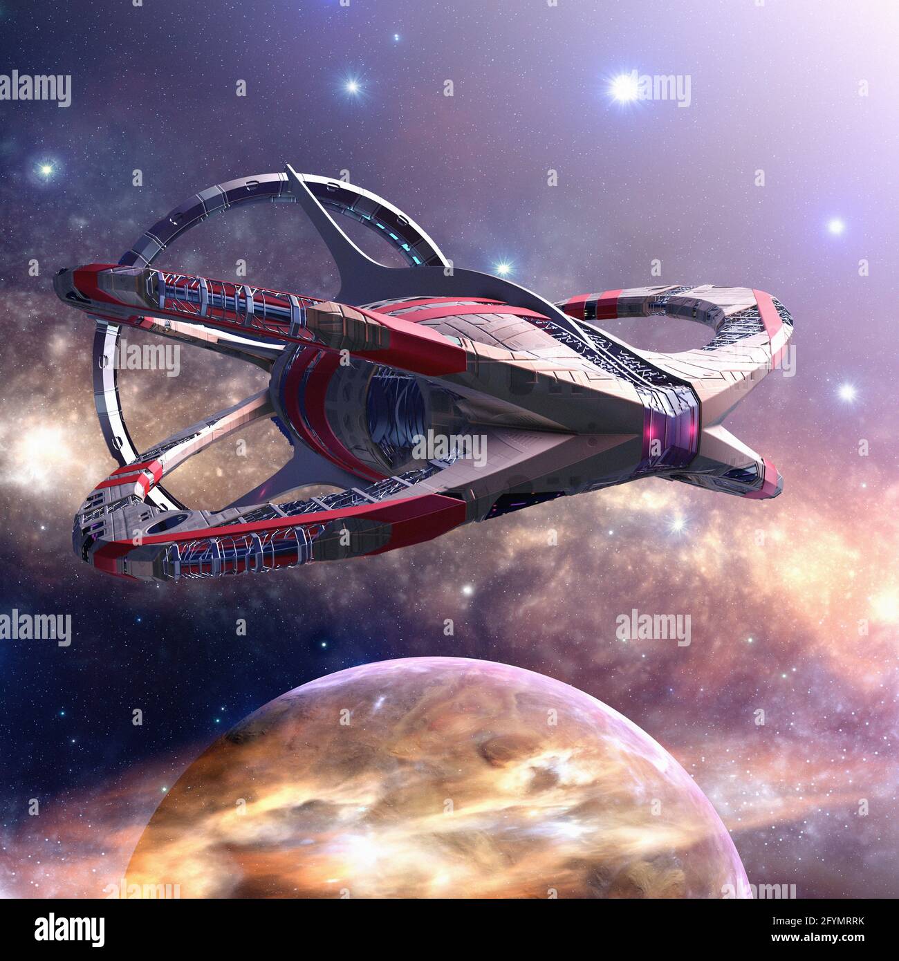 Spaceship orbiting alien planet, illustration Stock Photo - Alamy